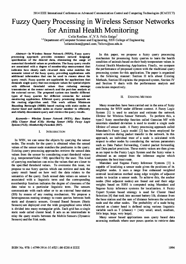 (PDF) Fuzzy Query Processing in Wireless Sensor Networks for Animal Health Monitoring