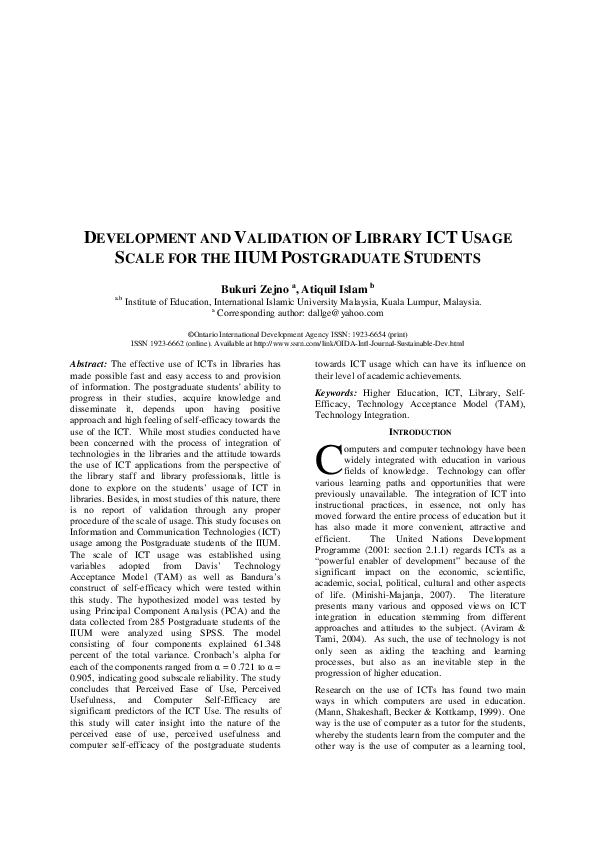 (PDF) DEVELOPMENT AND VALIDATION OF LIBRARY ICT USAGE SCALE FOR THE IIUMPOSTGRADUATE STUDENTS