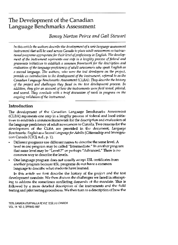 (PDF) The Development of the Canadian Language Benchmarks Assessment