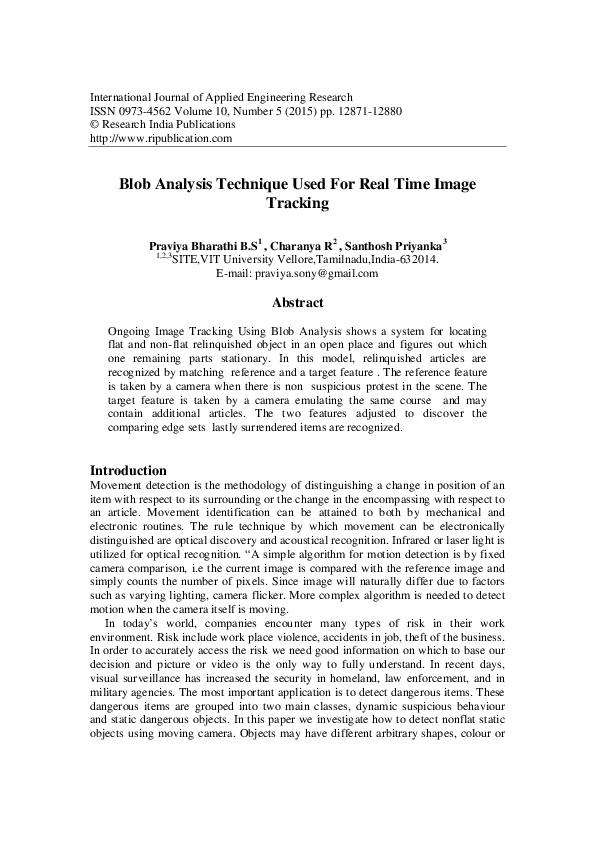 Blob Analysis Technique used for Real Time Image Tracking