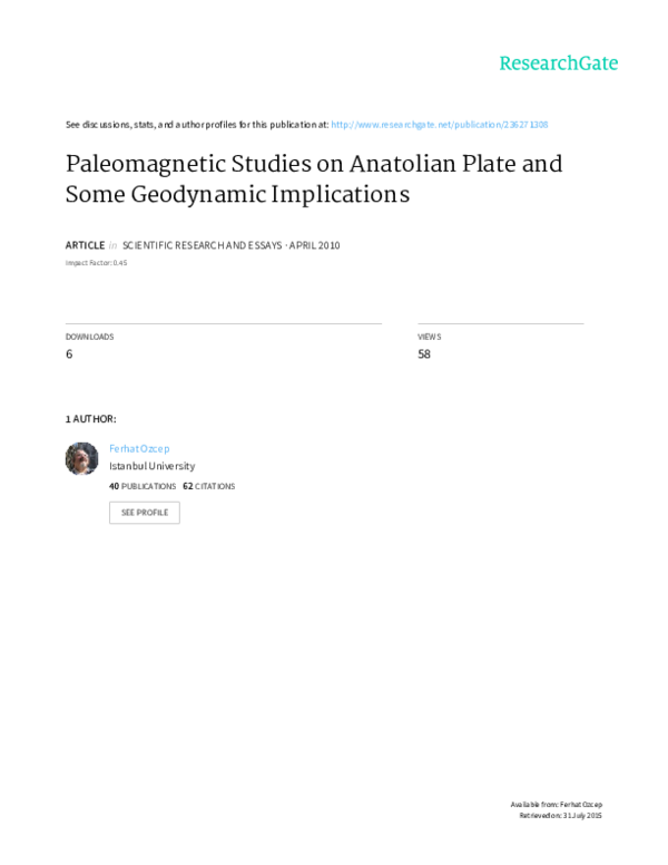 (PDF) Paleomagnetic Studies On Anatolian Plate And Some Geodynamic ...