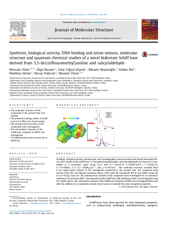 (PDF) Synthesis, biological activity, DNA binding and anion sensors, molecular structure and ...