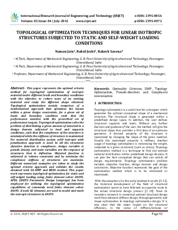 (PDF) IRJET-TOPOLOGICAL OPTIMIZATION TECHNIQUES FOR LINEAR ISOTROPIC STRUCTURES SUBJECTED TO ...