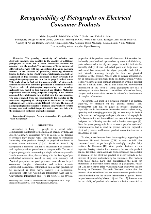 (PDF) Recognisability of Pictographs on Electrical Consumer Products