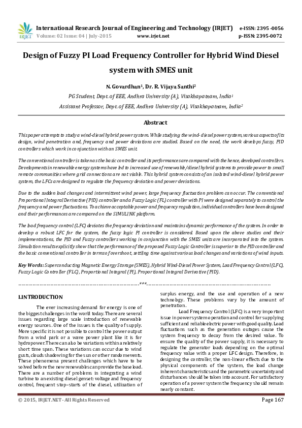 (PDF) IRJET-Design of Fuzzy PI Load Frequency Controller for Hybrid Wind Diesel system with SMES ...