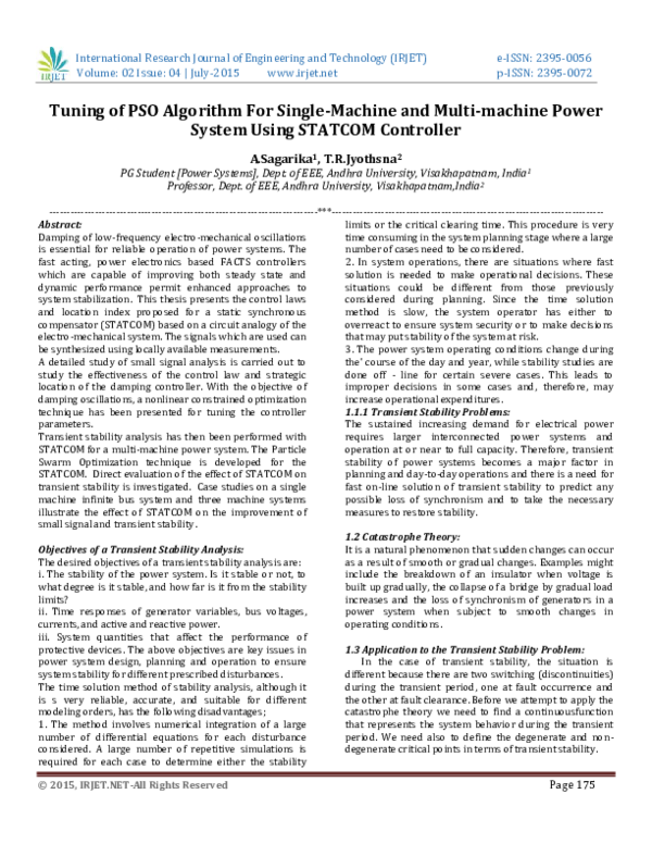 Pdf Irjet Tuning Of Pso Algorithm For Single Machine And Multi Machine Power System Using