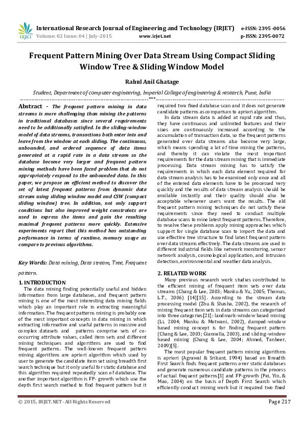 (PDF) IRJET-Frequent Pattern Mining Over Data Stream Using Compact Sliding Window Tree & Sliding ...