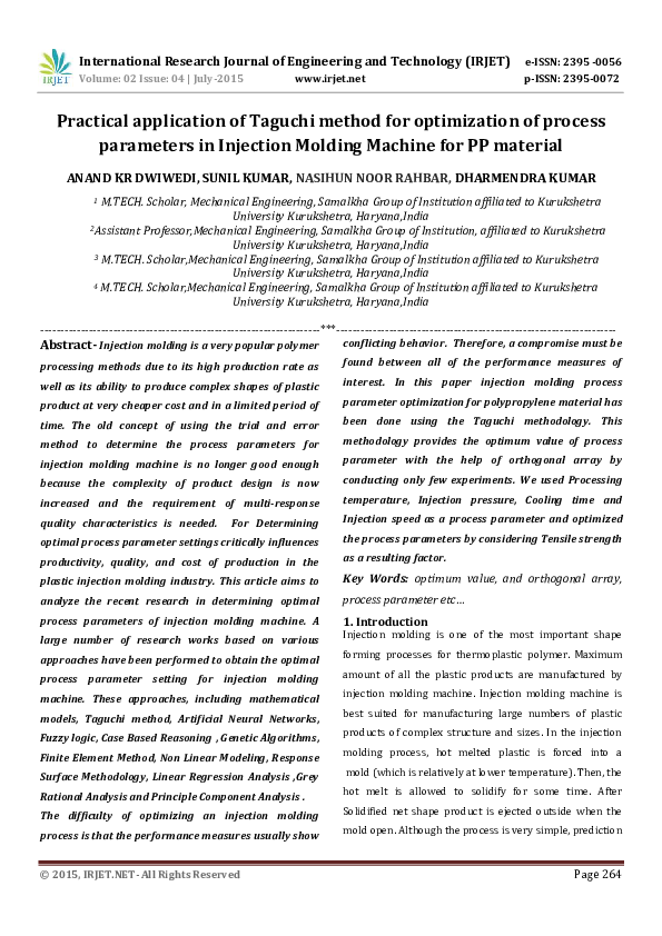 Pdf Irjet Practical Application Of Taguchi Method For Optimization Of Process Parameters In