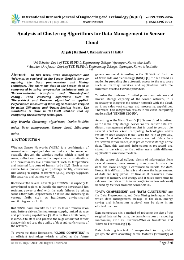(PDF) IRJET-Analysis of Clustering Algorithms for Data Management in Sensor-Cloud