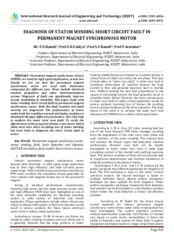 Pdf Irjet Diagnosis Of Stator Winding Short Circuit Fault In Permanent Magnet Synchronous Motor