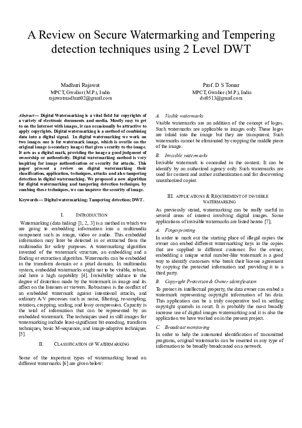 Doc A Review On Secure Watermarking And Tempering Detection Techniques Using 2 Level Dwt