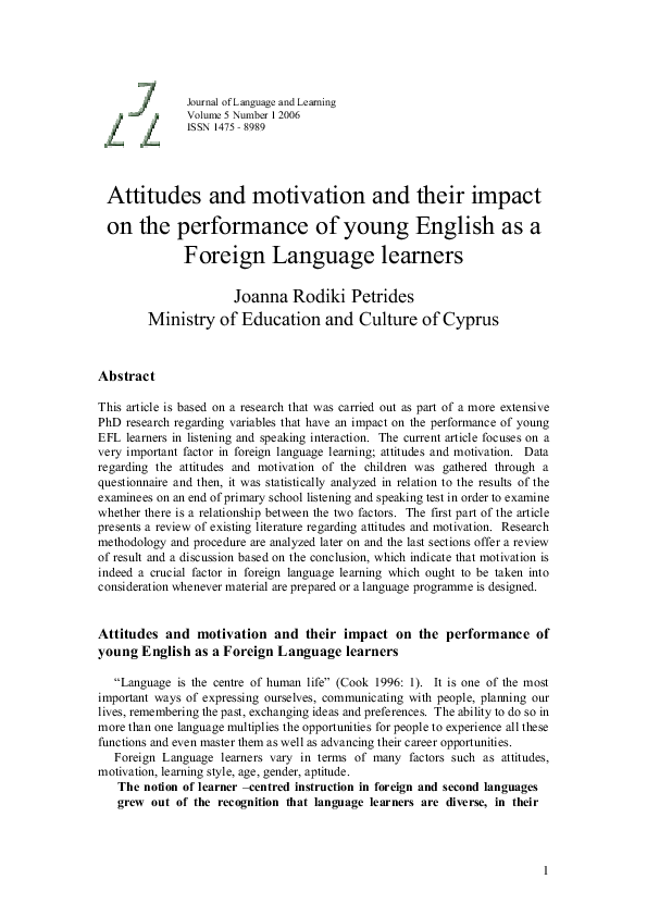 (PDF) Attitudes and motivation and their impact on the performance of young English as a Foreign ...