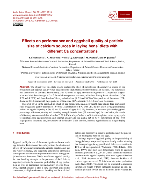 Pdf Effects On Performance And Eggshell Quality Of Particle Size Of