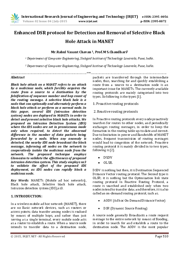(PDF) IRJET-Enhanced DSR protocol for Detection and Removal of Selective Black Hole Attack in ...