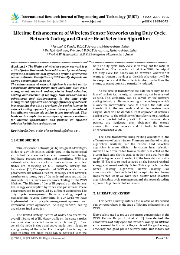 (PDF) IRJET-Lifetime Enhancement of Wireless Sensor Networks using Duty Cycle, Network Coding ...