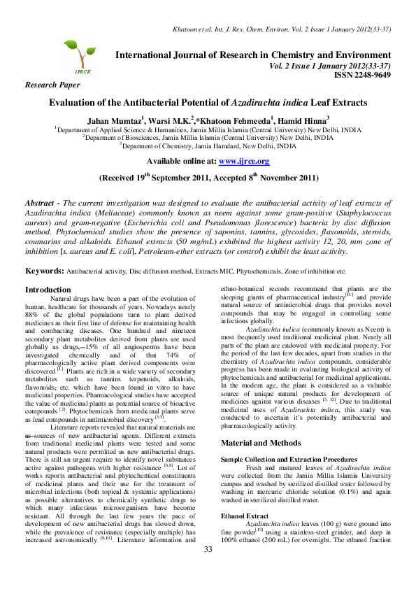 (PDF) Evaluation of the Antibacterial Potential of Azadirachta indica Leaf Extracts