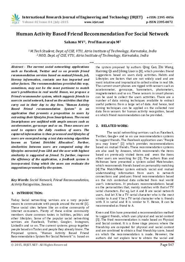 (PDF) IRJET-Human Activity Based Friend Recommendation For Social Network