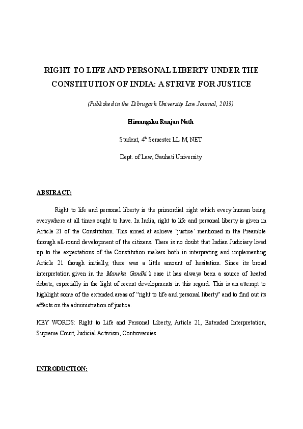 (DOC) RIGHT TO LIFE AND PERSONAL LIBERTY UNDER THE CONSTITUTION OF ...