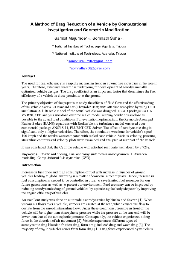 Doc A Method Of Drag Reduction Of A Vehicle By Computational