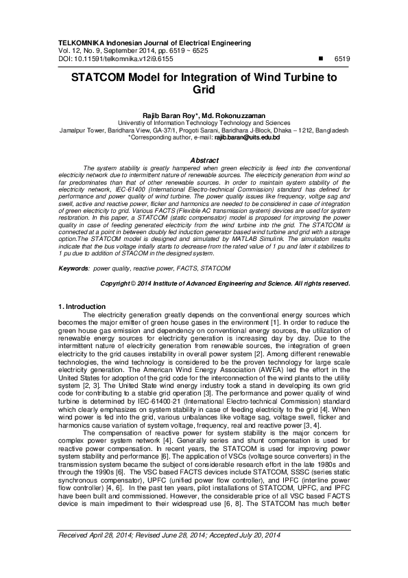 Pdf Statcom Model For Integration Of Wind Turbine To Grid