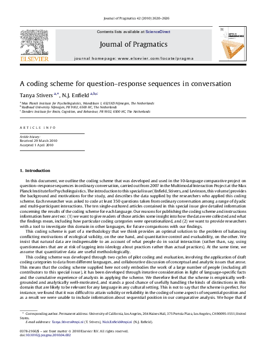 (PDF) A coding scheme for question-response sequences in conversation