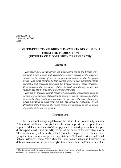 (PDF) AFTER-EFFECTS OF DIRECT PAYMENTS DECOUPLING FROM ThE PRODUCTION ...