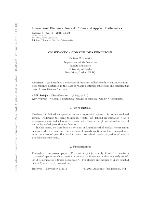 (PDF) On Weakly $\ gamma$-Continuous Functions