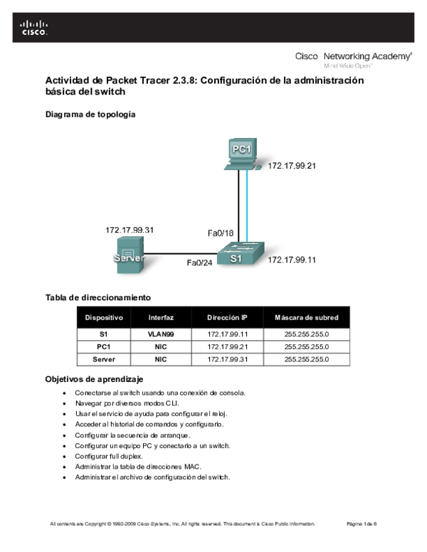 (PDF) Actividad de Packet Tracer 2.3.8: Configuración de la administración básica del switch