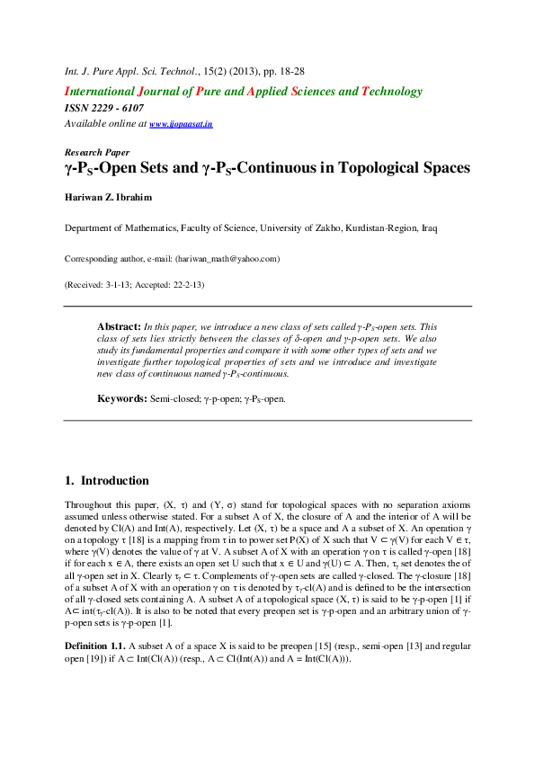 (PDF) $\ gamma$-$P_S$-Open Sets and $\ gamma$-$P_S$-Continuous in Topological Spaces