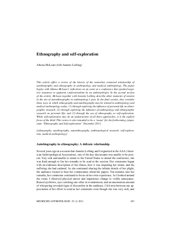 Ethnography and self-exploration.