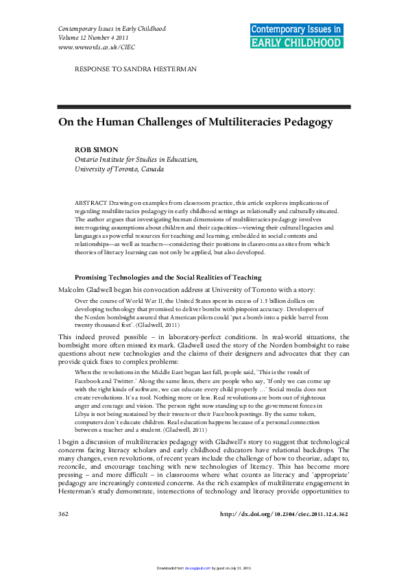 (PDF) On the Human Challenges of Multiliteracies Pedagogy (Response to ...