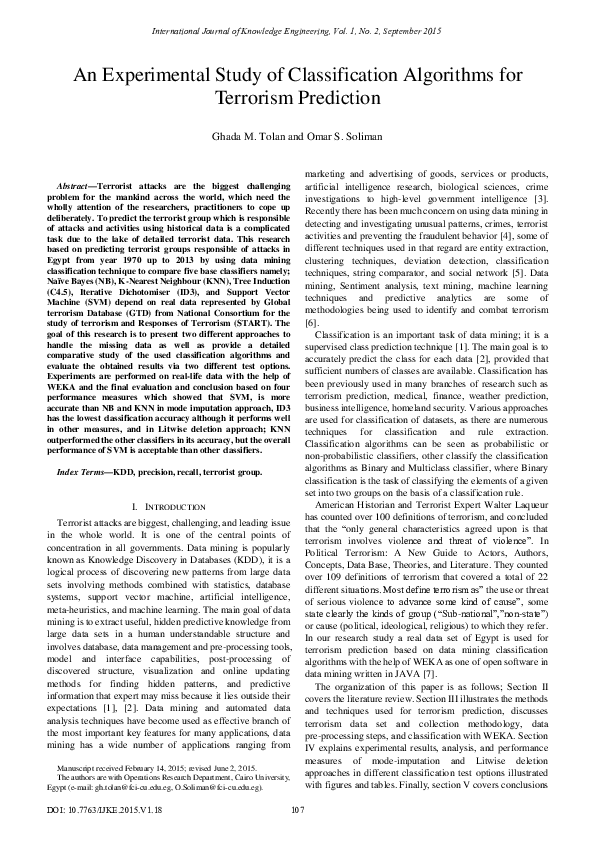 (PDF) An Experimental Study of Classification Algorithms for Terrorism Prediction