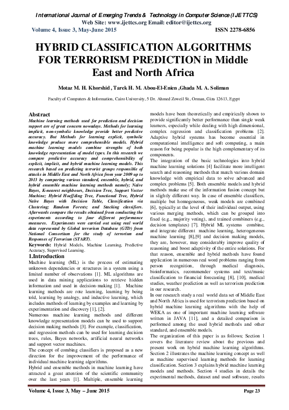 Pdf Hybrid Classification Algorithms For Terrorism Prediction In