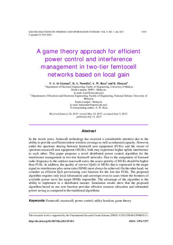 Pdf A Game Theory Approach For Efficient Power Control And Interference Management In Two Tier