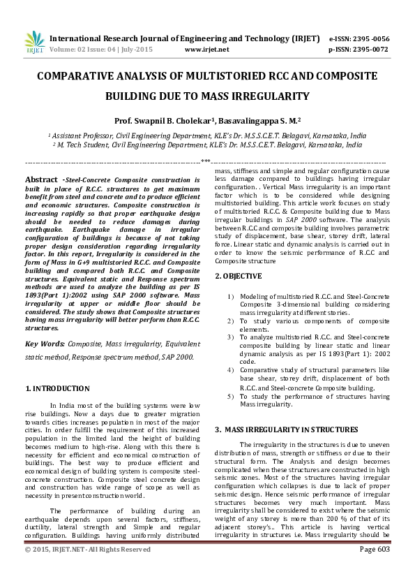 (PDF) IRJET-COMPARATIVE ANALYSIS OF MULTISTORIED RCC AND COMPOSITE BUILDING DUE TO MASS IRREGULARITY