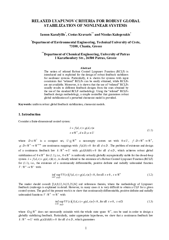 (PDF) Relaxed Lyapunov Criteria for Robust Global Stabilization of Nonlinear Systems