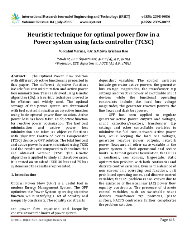 Pdf Irjet Heuristic Technique For Optimal Power Flow In A Power System Using Facts Controller