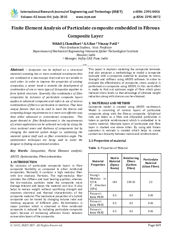 Pdf Irjet Finite Element Analysis Of Particulate Composite Embedded In Fibrous Composite Layer