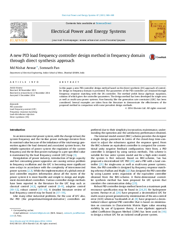 Pdf A New Pid Load Frequency Controller Design Method In Frequency Domain Through Direct