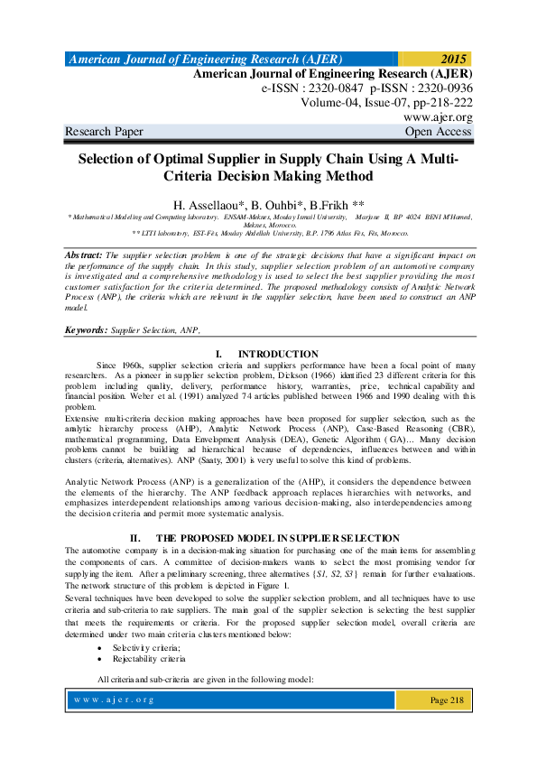 Pdf Selection Of Optimal Supplier In Supply Chain Using A Multi
