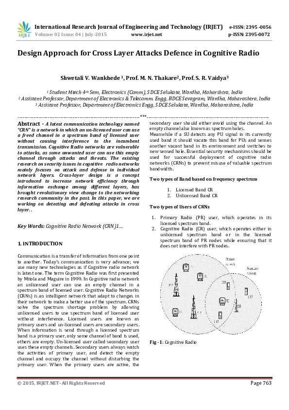 Pdf Irjet Design Approach For Cross Layer Attacks Defence In Cognitive Radio