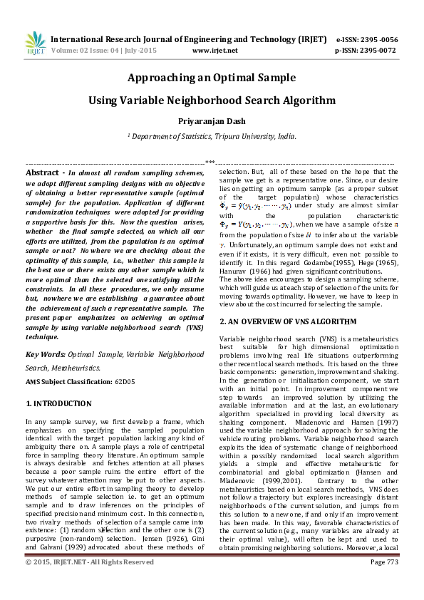 Pdf Irjet Approaching An Optimal Sample Using Variable Neighborhood