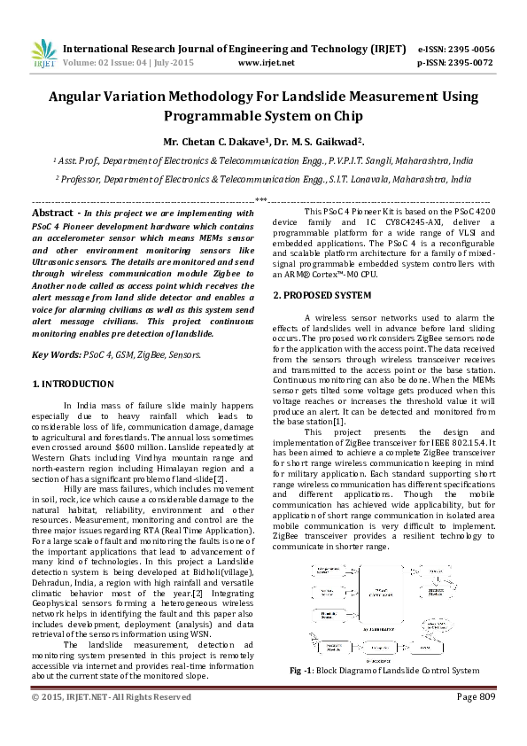 Pdf Irjet Angular Variation Methodology For Landslide Measurement Using Programmable System On
