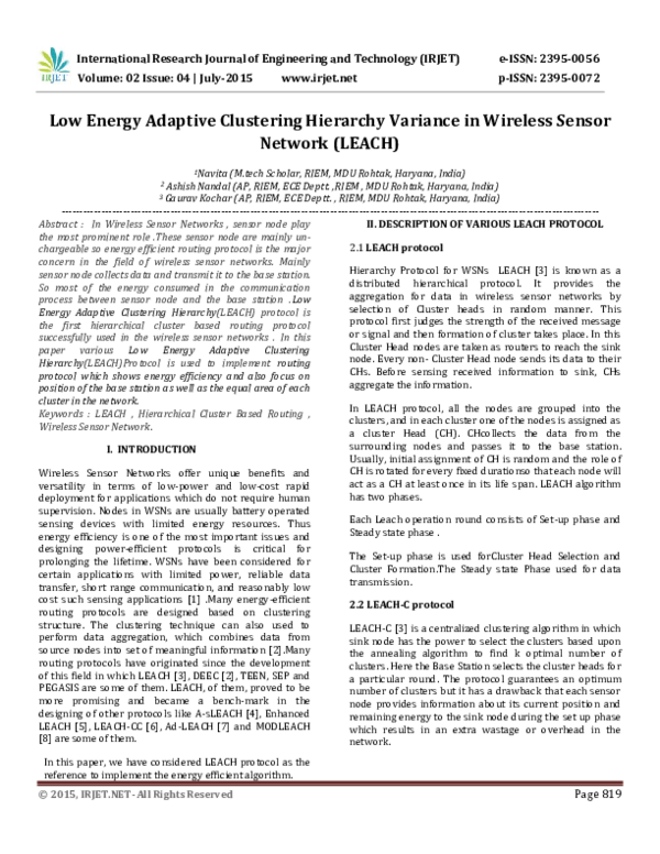 (PDF) IRJET-Low Energy Adaptive Clustering Hierarchy Variance in Wireless Sensor Network (LEACH)