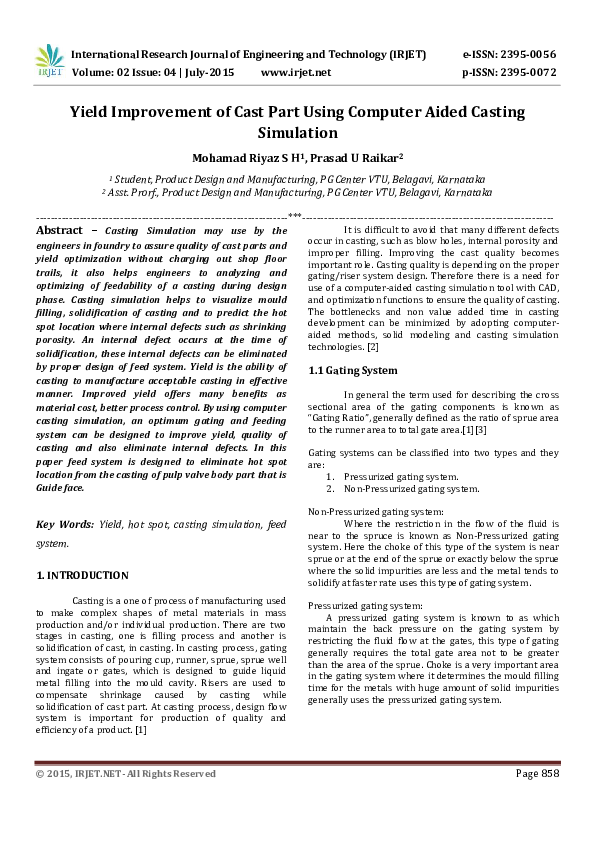 (PDF) IRJET-Yield Improvement of Cast Part Using Computer Aided Casting Simulation