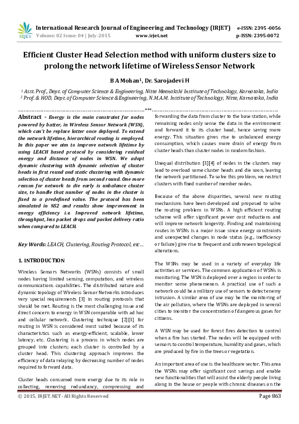 (PDF) IRJET-Efficient Cluster Head Selection method with uniform clusters size to prolong the ...