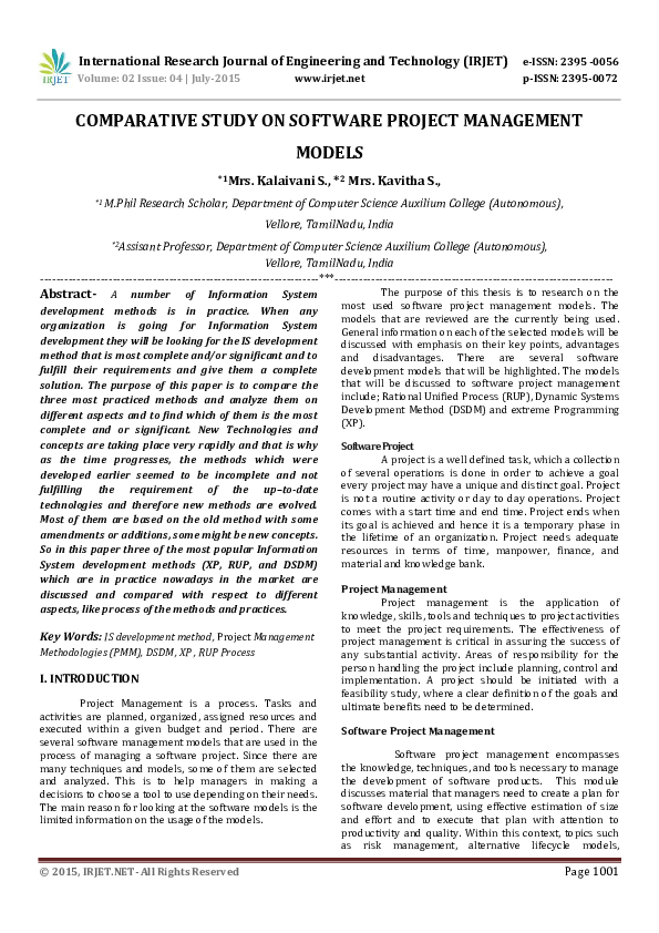 (PDF) IRJET-COMPARATIVE STUDY ON SOFTWARE PROJECT MANAGEMENT MODELS