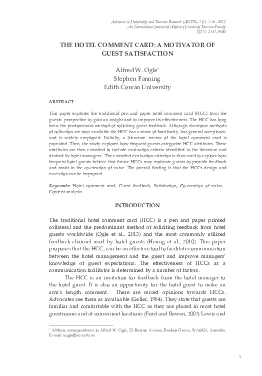 (PDF) THE HOTEL COMMENT CARD: A MOTIVATOR OF GUEST SATISFACTION