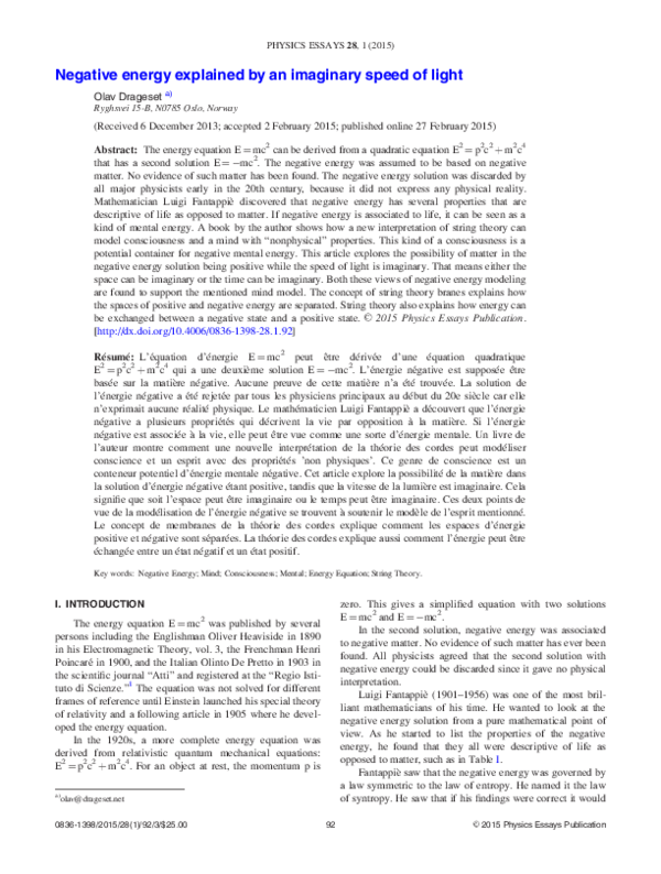 (PDF) Negative Energy Explained by an Imaginary Speed of Light