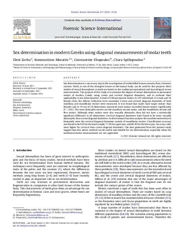 Pdf Sex Determination In Modern Greeks Using Diagonal Measurements Of